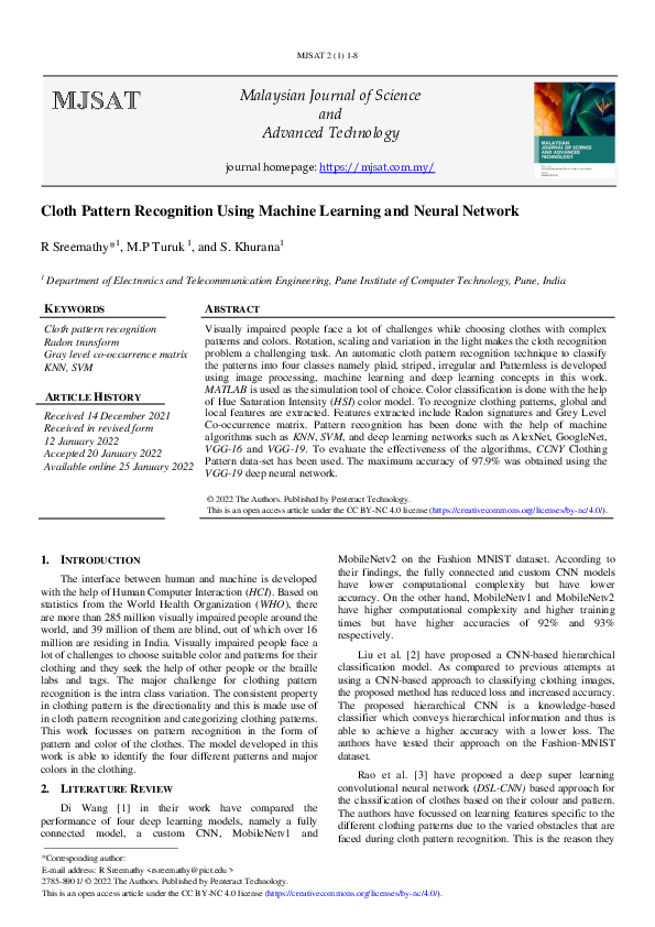 Pdf Cloth Pattern Recognition Using Machine Learning And Neural Network R Sreemathy