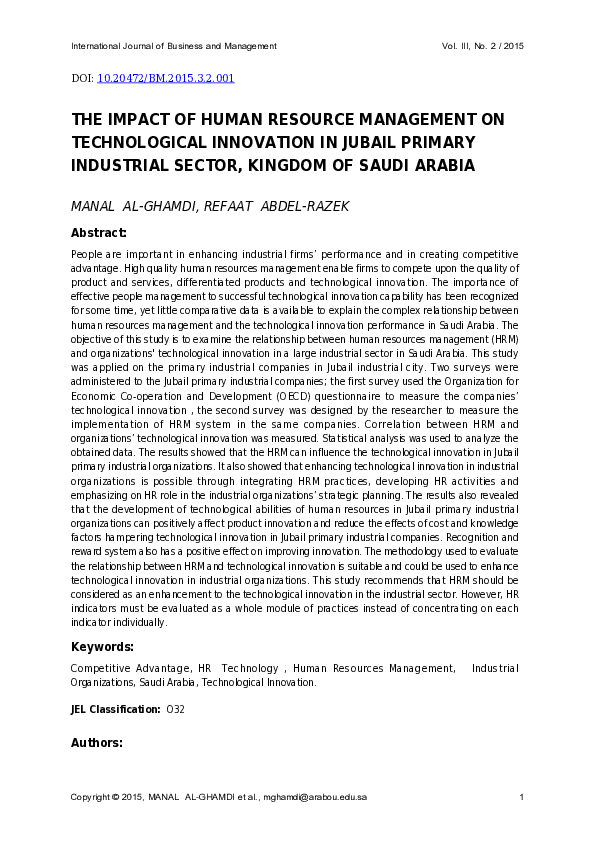 (PDF) The Impact of Human Resource Management on Technological ...