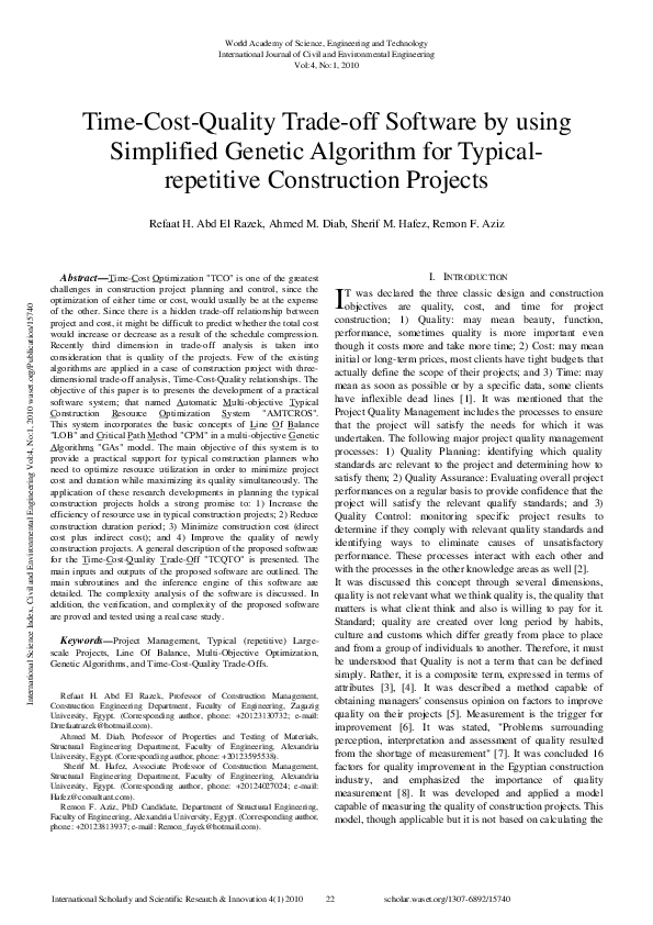 (PDF) Time-Cost-Quality Trade-Off Software By Using Simplified Genetic Algorithm For Typical ...