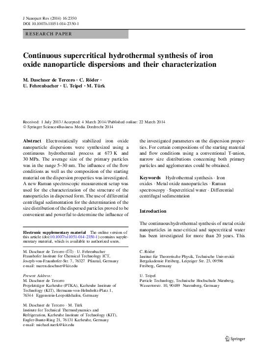 (PDF) Continuous supercritical hydrothermal synthesis of iron oxide ...