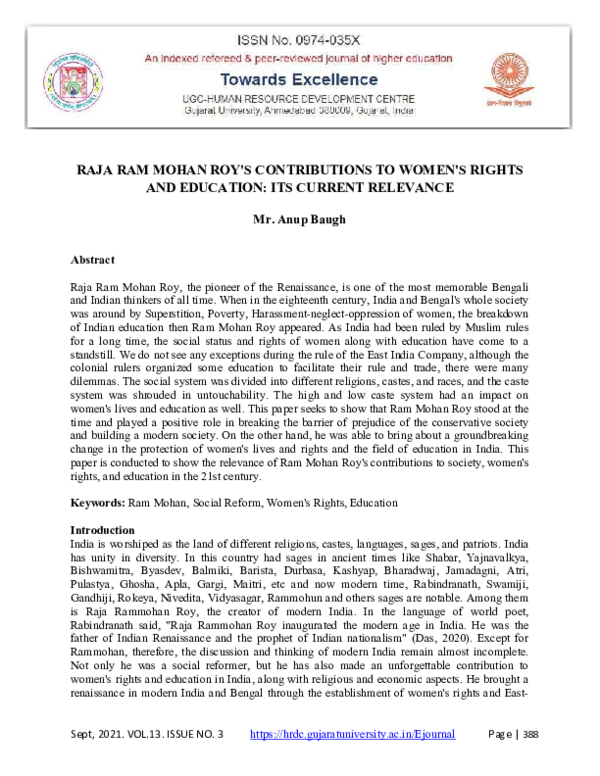 (PDF) RAJA RAM MOHAN ROY'S CONTRIBUTIONS TO WOMEN'S RIGHTS AND ...