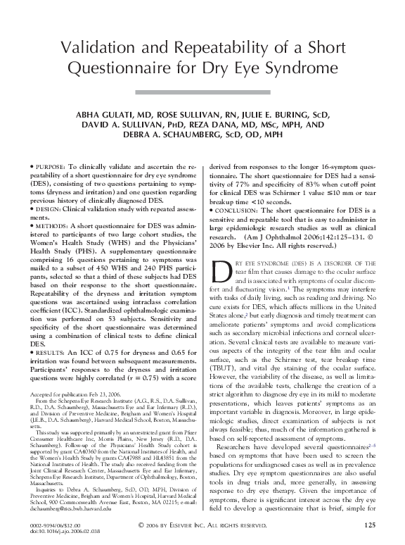 (PDF) Validation and Repeatability of a Short Questionnaire for Dry Eye ...