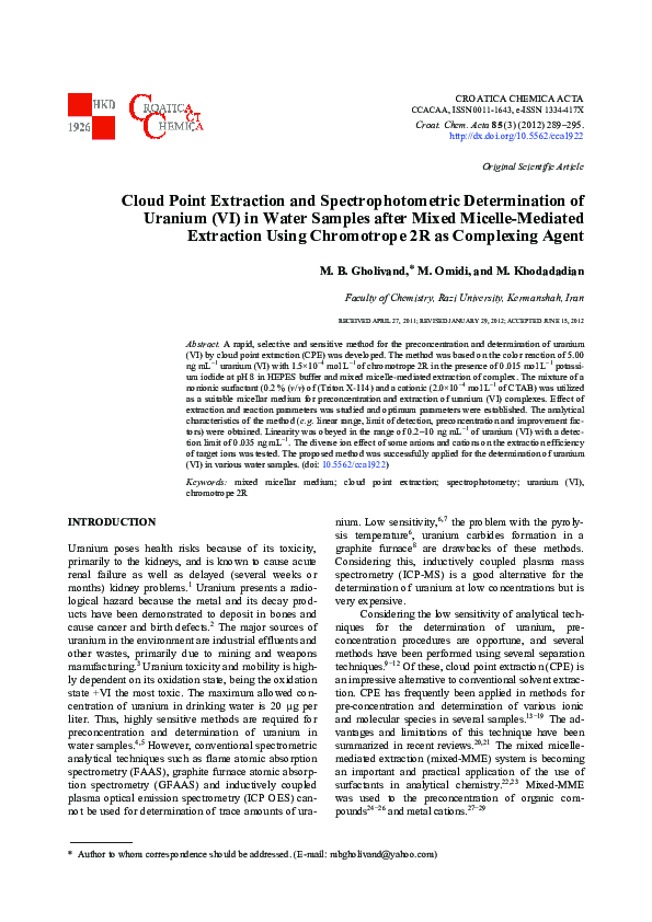 (PDF) Cloud Point Extraction and Spectrophotometric Determination of Uranium (VI) in Water ...