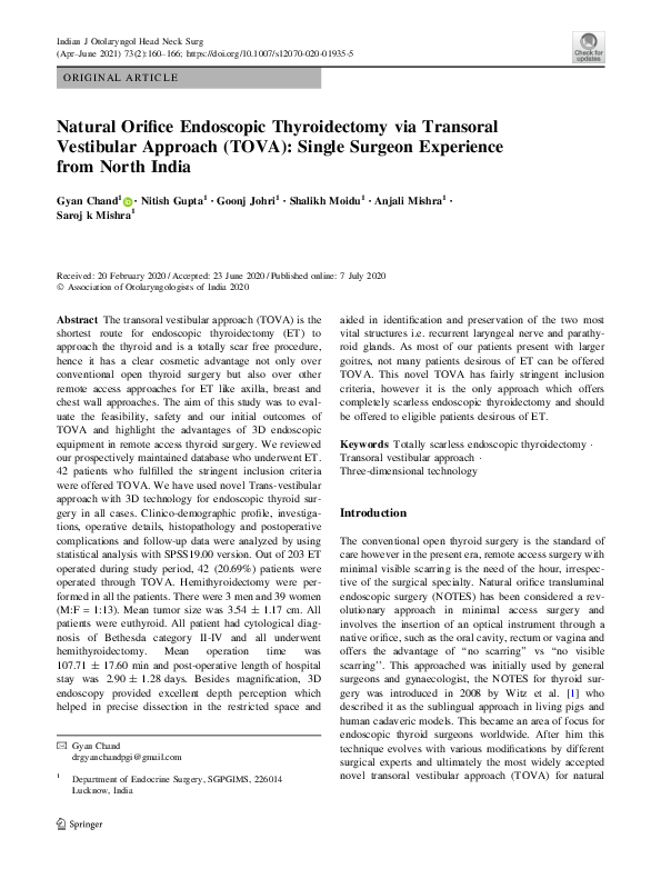 (PDF) Transoral Vestibular Approach for Scarless Endoscopic Thyroidectomy