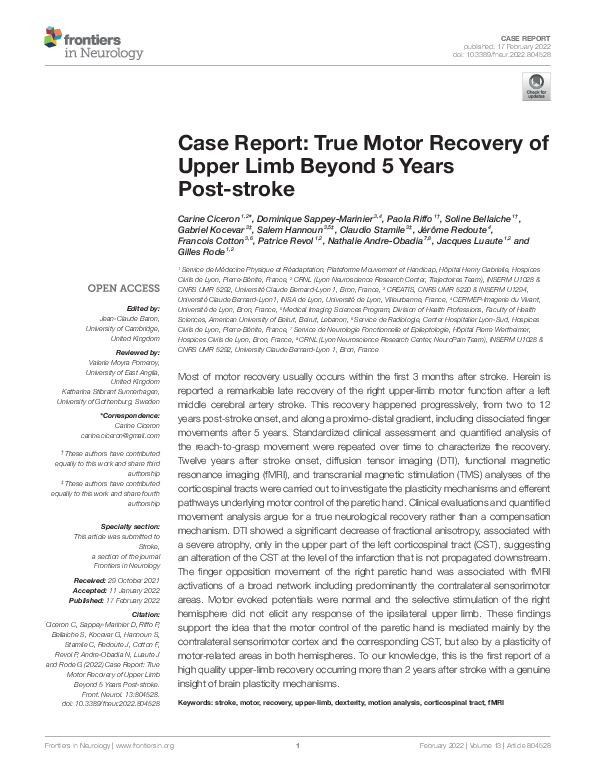 (PDF) Case Report: True Motor Recovery of Upper Limb Beyond 5 Years Post-stroke