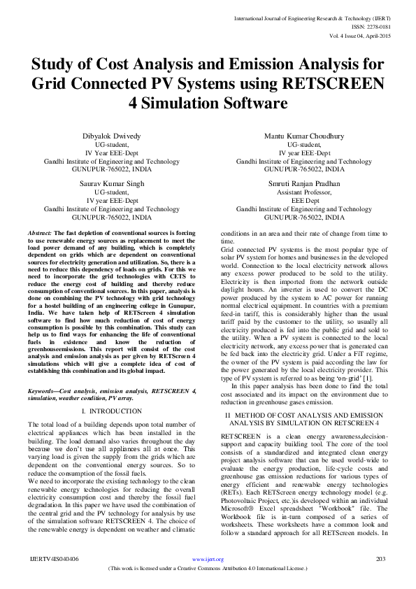 (PDF) Study of Cost Analysis and Emission Analysis for Grid Connected PV Systems using RETSCREEN ...