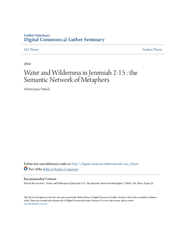 (PDF) Water and Wilderness in Jeremiah 2-15 : the Semantic Network of ...