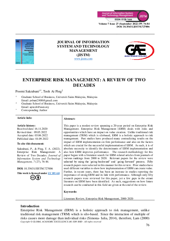 (PDF) Enterprise Risk Management: A Review of Two Decades