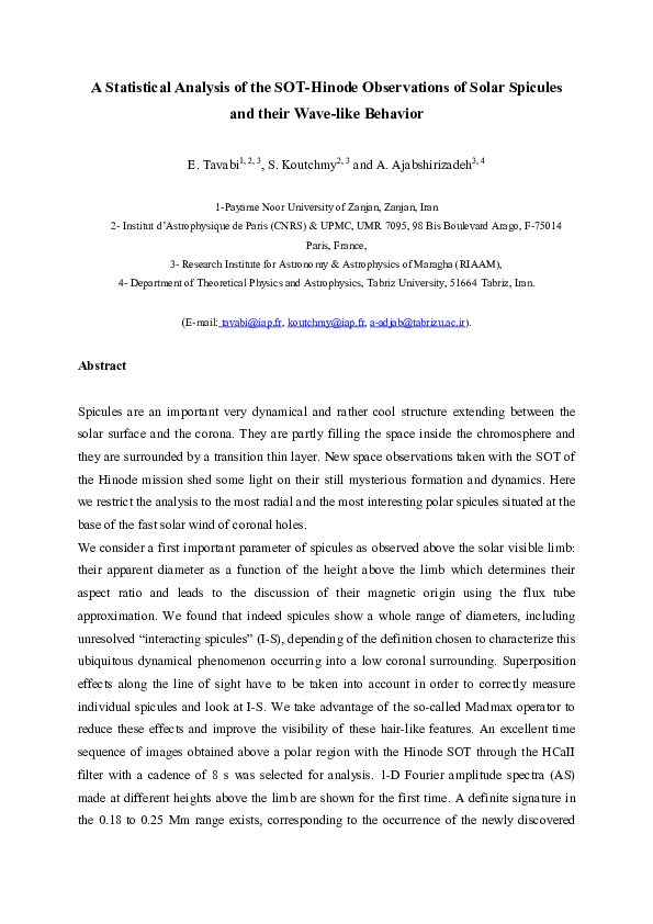 (PDF) Statistical Analysis of Solar Spicule Dynamics