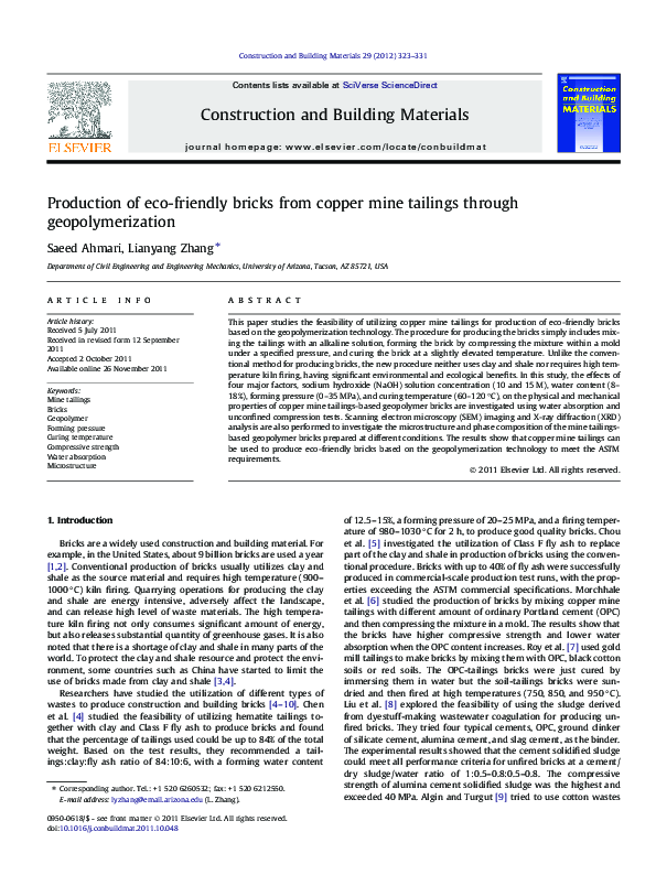 (PDF) Production of eco-friendly bricks from copper mine tailings ...