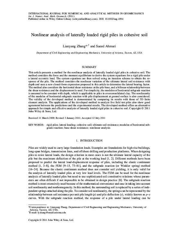 (PDF) Nonlinear analysis of laterally loaded rigid piles in cohesionless soil