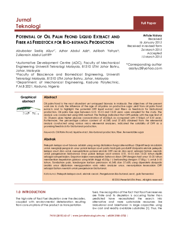 (PDF) Potential of Oil Palm Frond Liquid Extract and Fiber as Feedstock ...