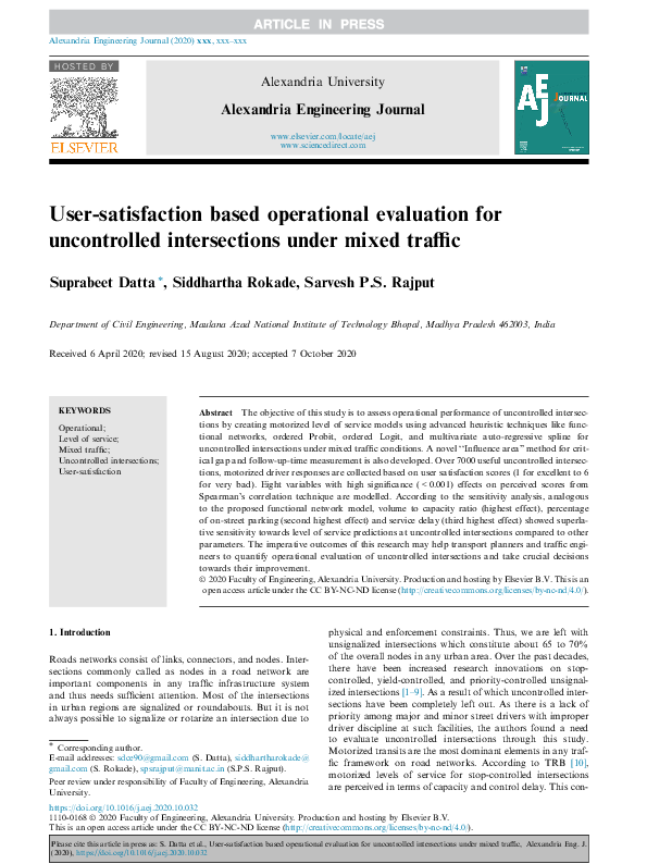 (PDF) User-satisfaction based operational evaluation for uncontrolled intersections under mixed ...