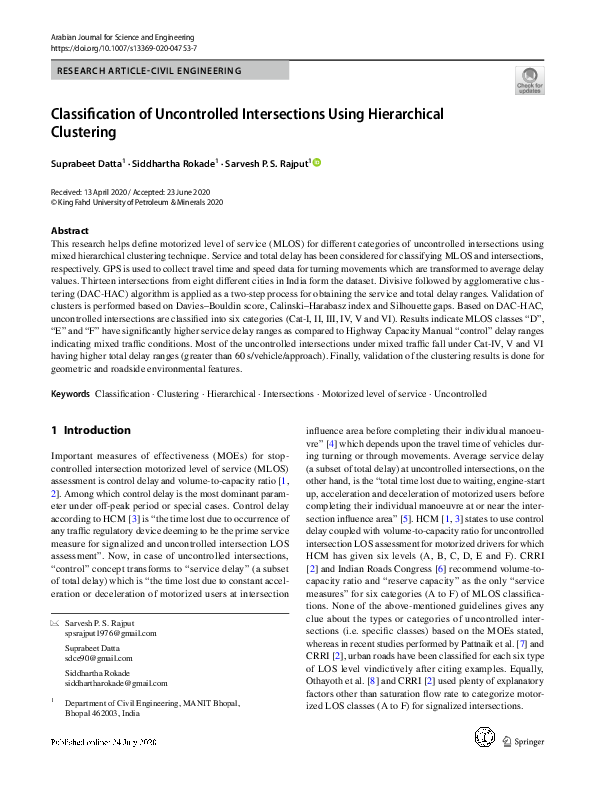 Pdf Classification Of Uncontrolled Intersections Using Hierarchical Clustering