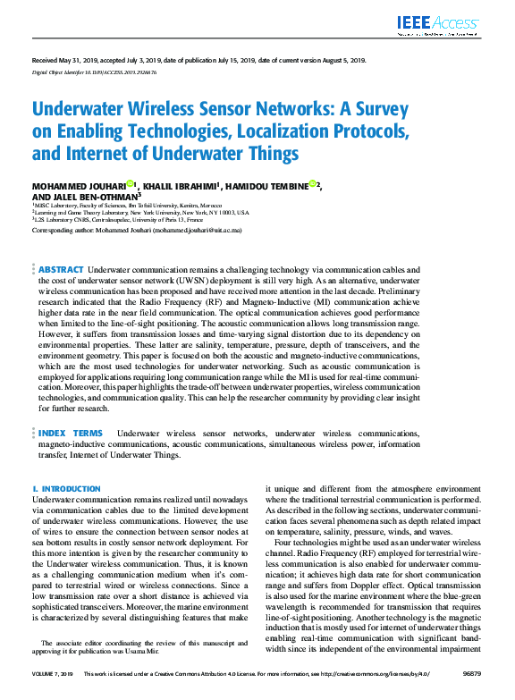 Pdf Underwater Wireless Sensor Networks A Survey On Enabling Technologies Localization