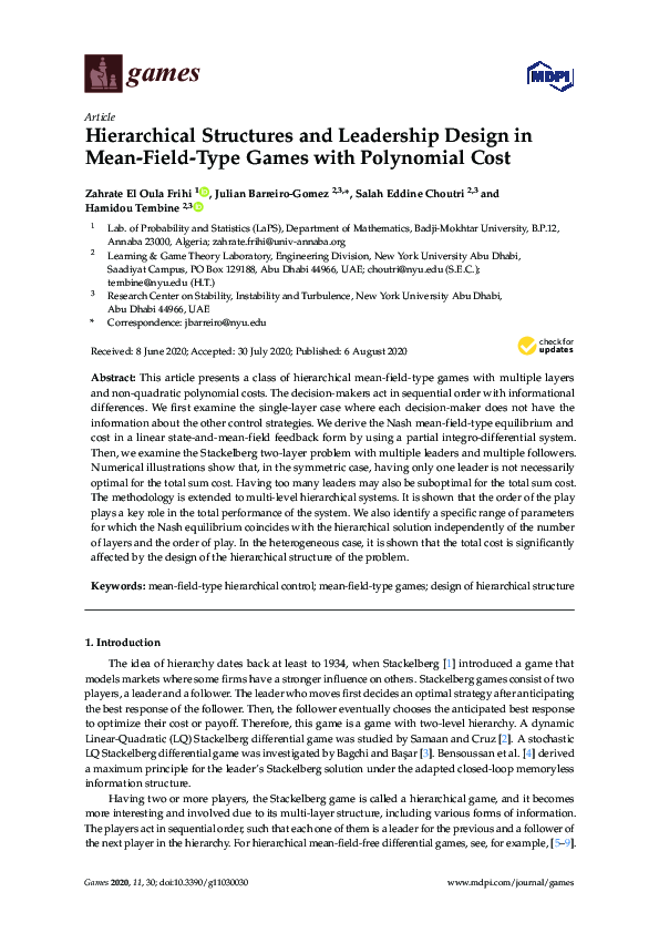 Pdf Hierarchical Structures And Leadership Design In Mean Field Type Games With Polynomial Cost