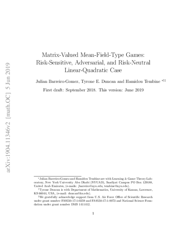 (PDF) Matrix-Valued Mean-Field-Type Games: Risk-Sensitive, Adversarial, and Risk-Neutral Linear ...