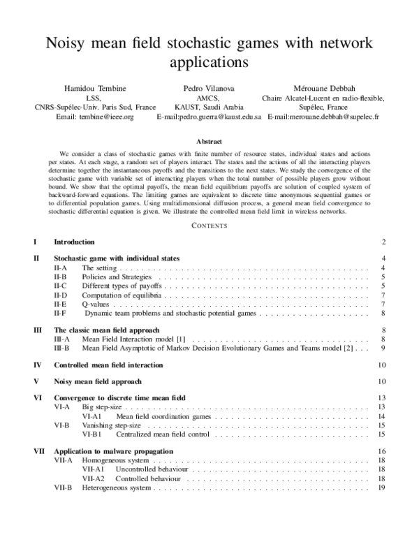 (PDF) Noisy mean field stochastic games with network applications