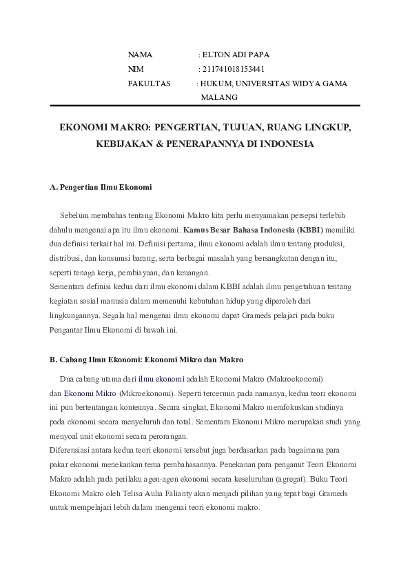 (DOC) EKONOMI MAKRO: PENGERTIAN, TUJUAN, RUANG LINGKUP, KEBIJAKAN & PENERAPANNYA DI INDONESIA