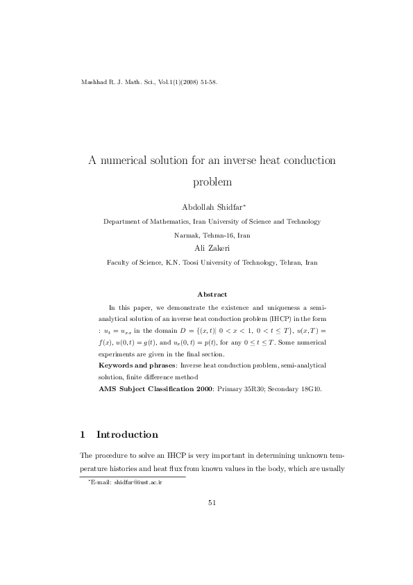 Pdf A Numerical Solution For An Inverse Heat Conduction Problem