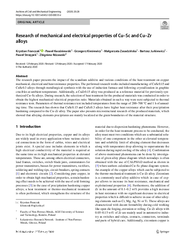 (PDF) Research of mechanical and electrical properties of Cu–Sc and Cu–Zr alloys