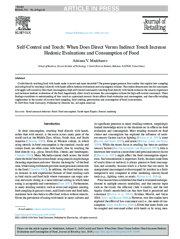 (PDF) Self-Control and Touch: When Does Direct Versus Indirect Touch ...