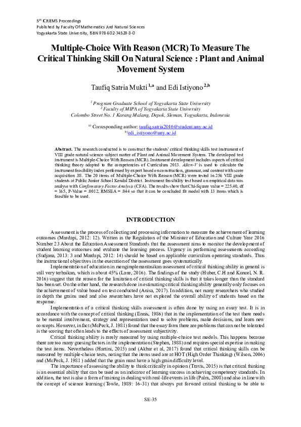 (PDF) Multiple-Choice With Reason (MCR) to measure the critical ...