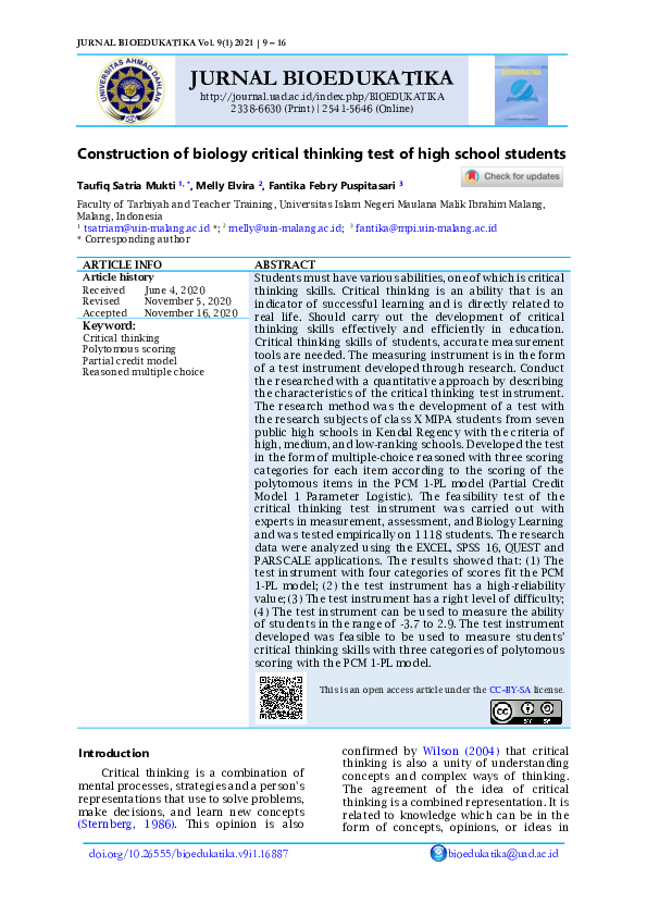 (PDF) Construction of biology critical thinking test of high school ...