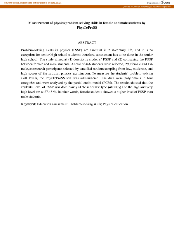 (PDF) Measurement of Physics Problem-Solving Skills in Female and Male Students by PhysTeProSS