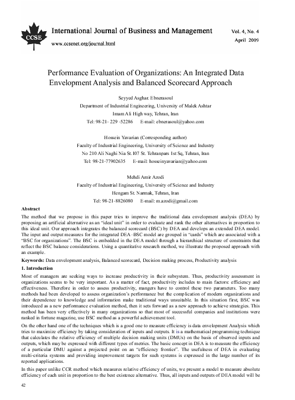(PDF) Performance Evaluation of Organizations: An integrated Data Envelopment Analysis and ...