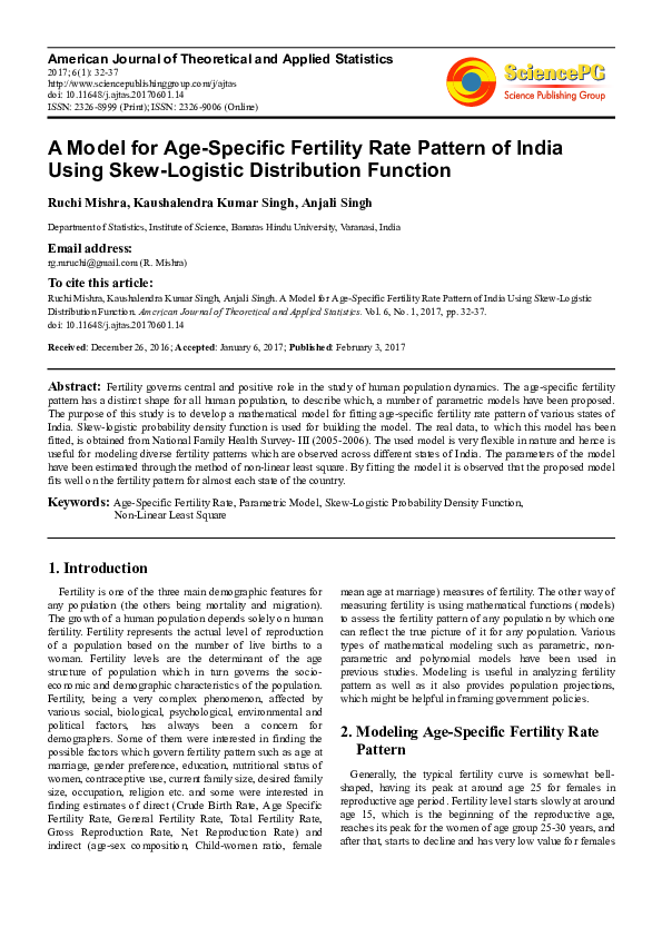 (PDF) A Model for Age-Specific Fertility Rate Pattern of India Using ...