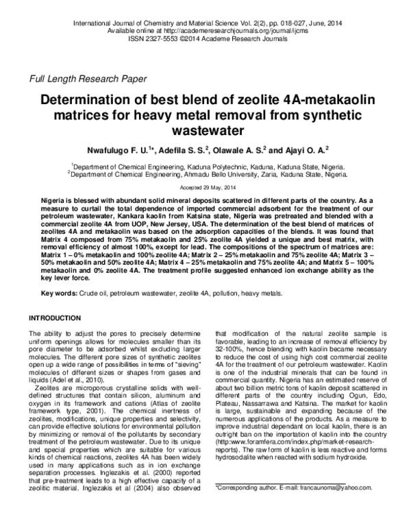 (PDF) Determination of best blend of zeolite 4A-metakaolin matrices for ...