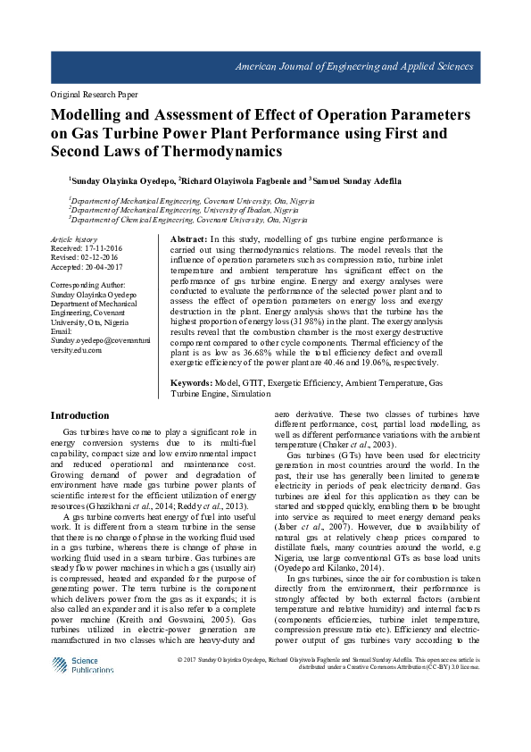 (PDF) Modelling and Assessment of Effect of Operation Parameters on Gas Turbine Power Plant ...