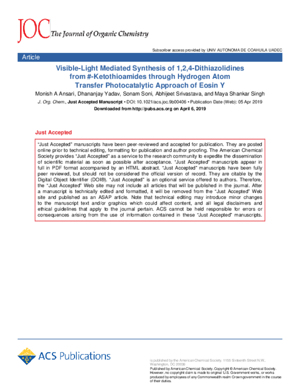 (PDF) Visible-Light Synthesis of 1,2,4-Dithiazolidines from β ...