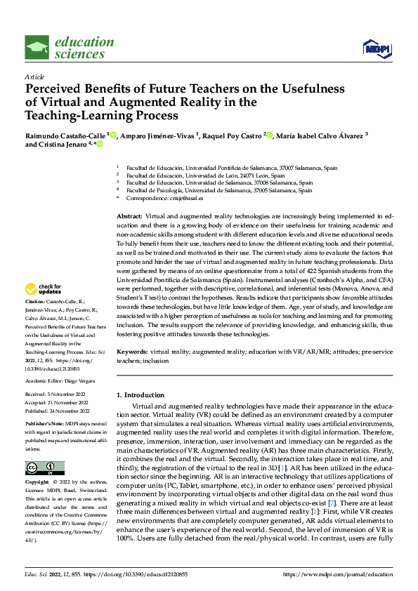 (PDF) Perceived Benefits of Future Teachers on the Usefulness of Virtual and Augmented Reality ...
