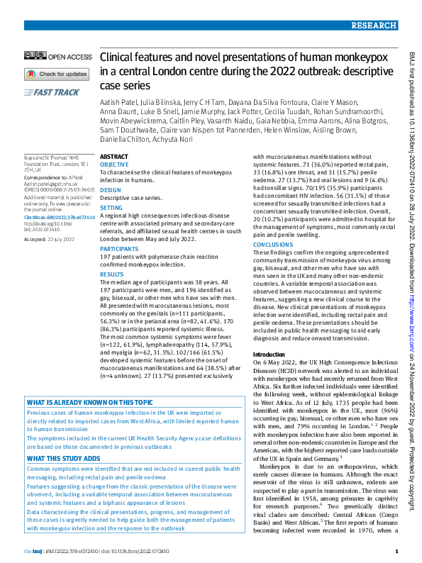(PDF) Clinical features and novel presentations of human monkeypox in a ...