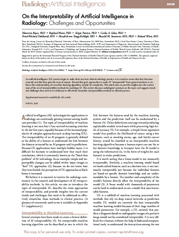 (PDF) On the Interpretability of Artificial Intelligence in Radiology: Challenges and Opportunities