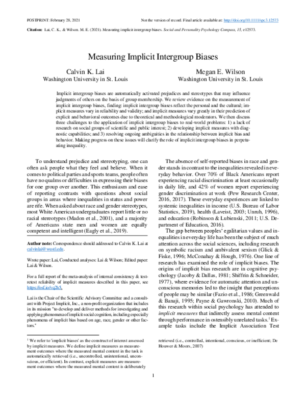 Pdf Measuring Implicit Intergroup Biases