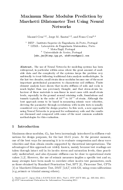 Pdf Maximum Shear Modulus Prediction By Marchetti Dilatometer Test Using Neural Networks