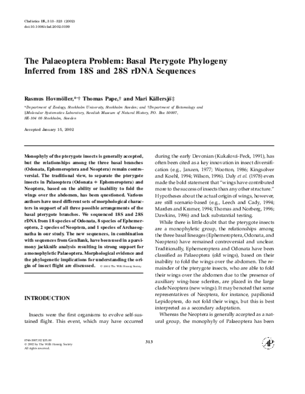 (PDF) The Palaeoptera Problem: Basal Pterygote Phylogeny Inferred from ...