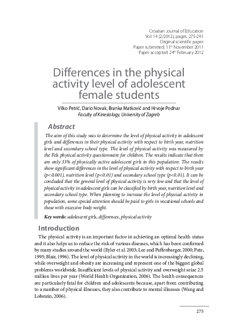 (PDF) The differences in physical activity level of adolescent female student