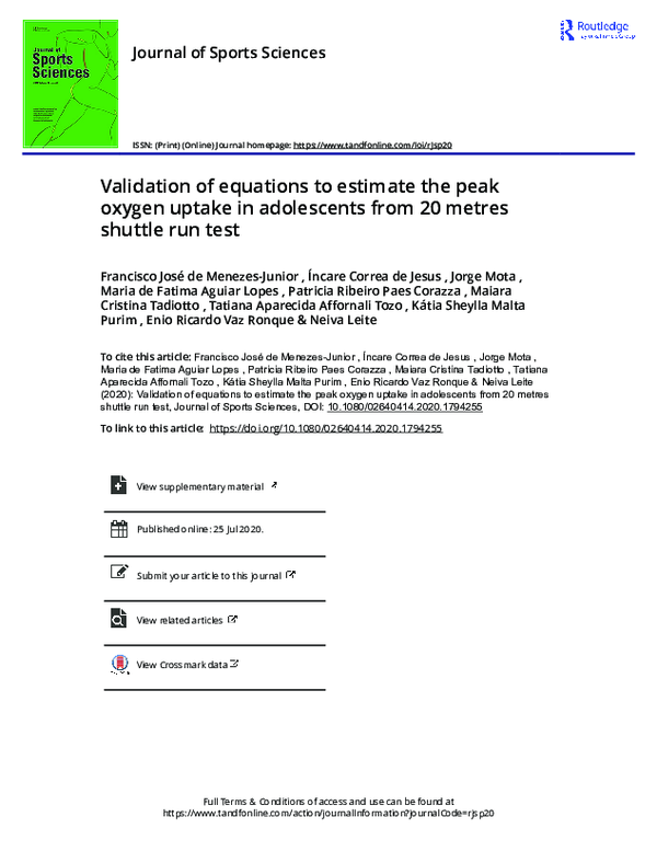 (PDF) Validation of equations to estimate the peak oxygen uptake in ...