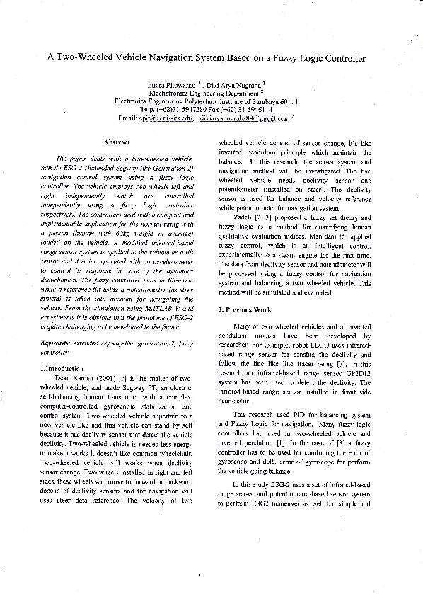 Pdf A Two Wheeled Vehicle Navigation System Based On A Fuzzy Logic Controller