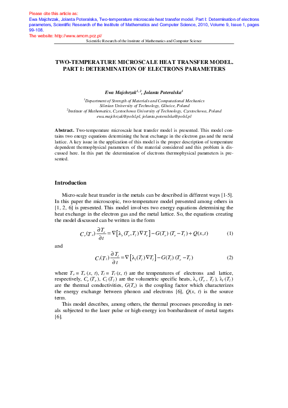 (PDF) Two-temperature microscale heat transfer model.part I: determination of electrons parameters