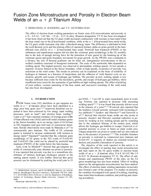 (PDF) Fusion zone microstructure and porosity in electron beam welds of ...