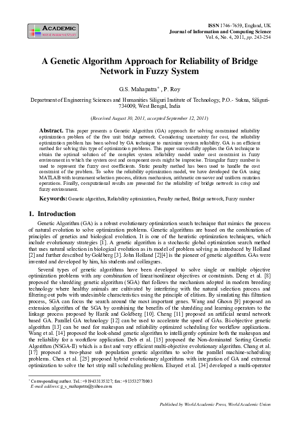 (PDF) A Genetic Algorithm Approach for Reliability of Bridge Network in Fuzzy System