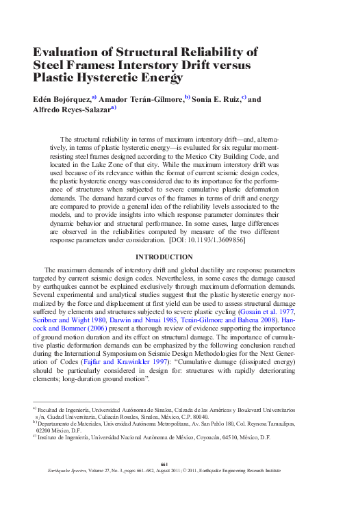 (PDF) Evaluation of Structural Reliability of Steel Frames: Interstory Drift versus Plastic ...