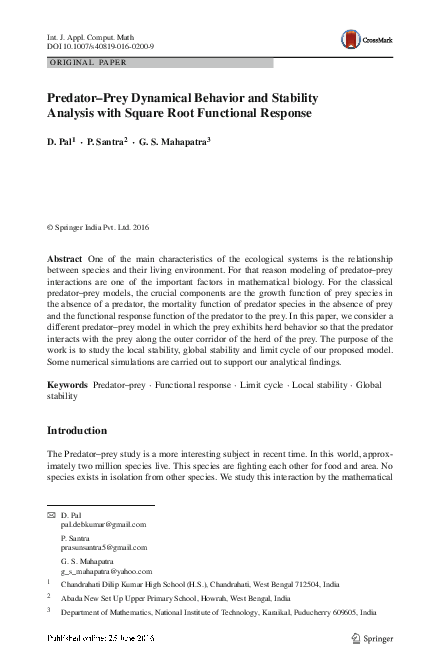 (PDF) Predator–Prey Dynamical Behavior and Stability Analysis with Square Root Functional Response