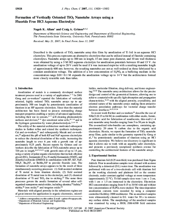 Pdf Fabrication Of Vertically Oriented Tio2 Nanotube Arrays In A Fluoride Free Hcl Electrolyte