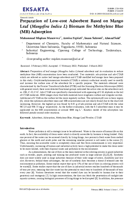 (PDF) Preparation of Low-cost Adsorbent Based on Mango Leaf (Mangefira Indica L) Biomass for ...